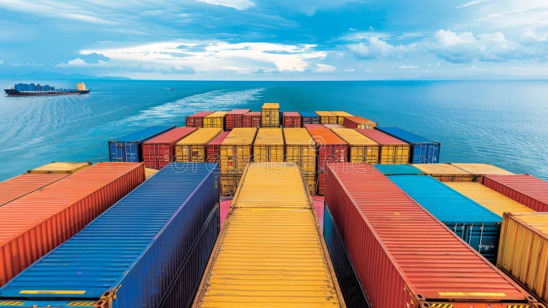 Container Ship Fully Loaded, Front View in Vibrant Bright Blue Ocean ...