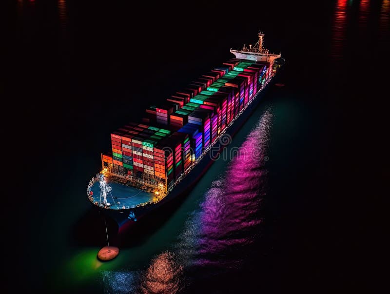 Container Ship with Glowing Containers in the Sea on a Dark Night ...