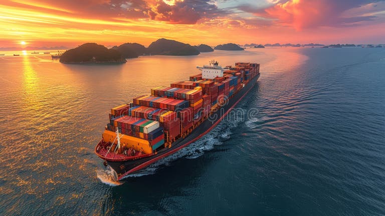 A Container Ship Going by Sea. Express Cargo Container Ship with Ocean ...