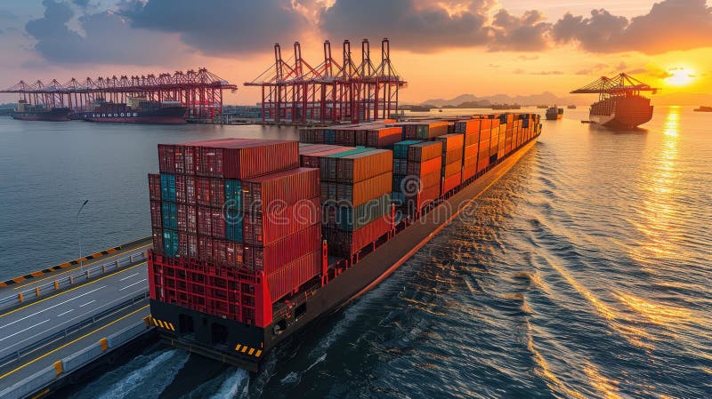 A Container Ship Going by Sea. Express Cargo Container Ship with Ocean ...