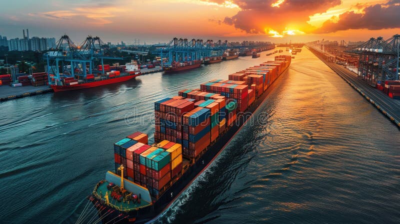 A Container Ship Going by Sea. Express Cargo Container Ship with Ocean ...