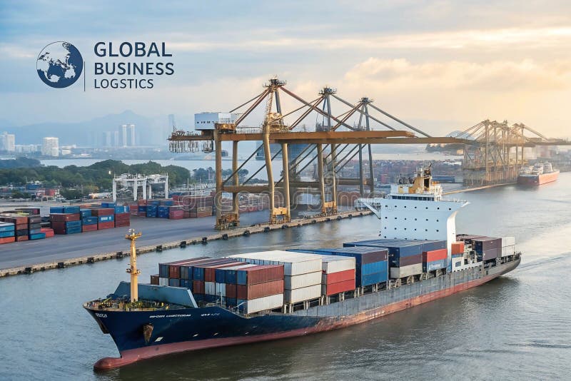 Container Ship at Harbor, Cargo, Import, Export Stock Illustration ...