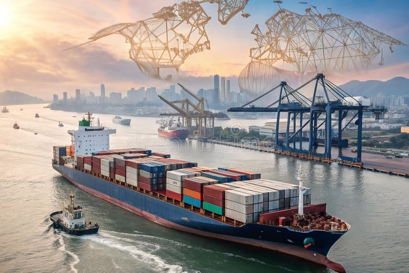 Container Ship at Harbor, Global Trade Concept Stock Illustration ...