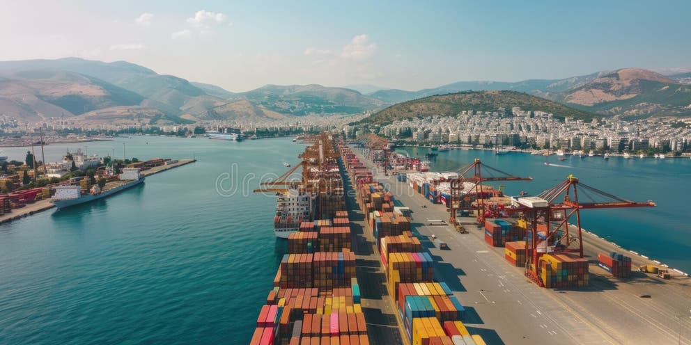 Container ship in harbor stock image. Image of logistics - 375159783