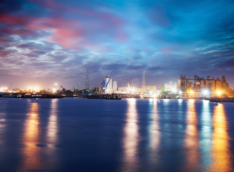 Container Ship in the Harbor, Night Shot. Cloudy Sky Stock Photo ...