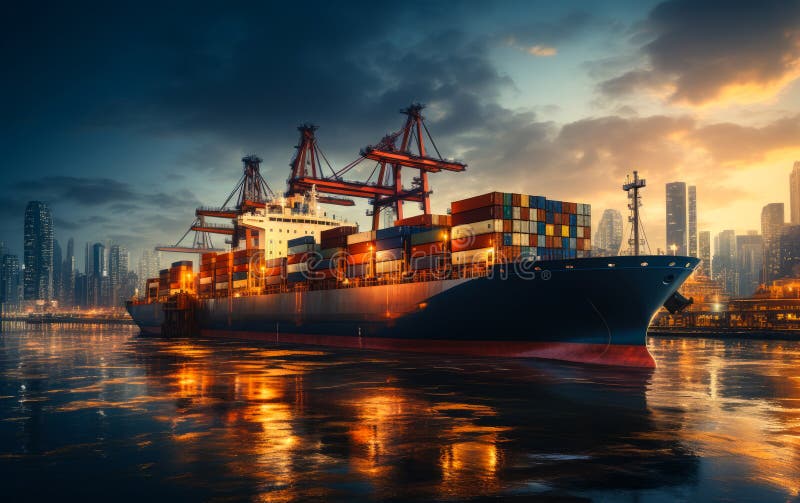 Container Ship in the Harbor at Sunset Stock Photo - Image of load ...