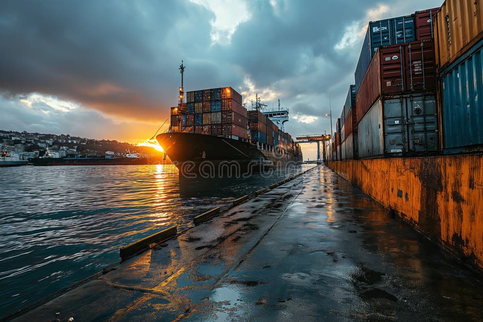 Container Ship in the Harbor Stock Illustration - Illustration of ...