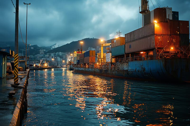 Container Ship in the Harbor Stock Illustration - Illustration of ...