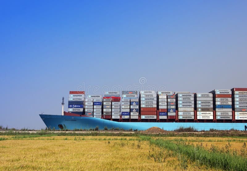 Desert Storm in SUEZ CANAL, Egypt. Large Container Ship in Convoy ...