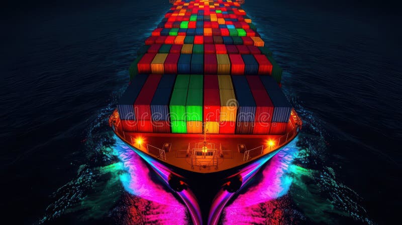 Container Ship Illuminated by Colorful Lights Navigating through Dark ...