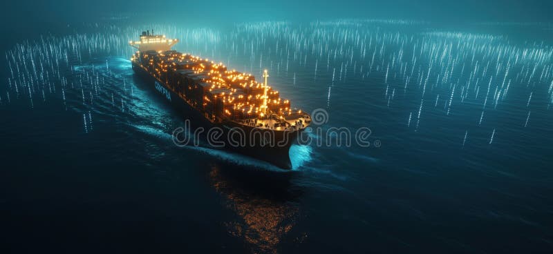 Container Ship Illuminated at Night Navigating through Glowing Water ...