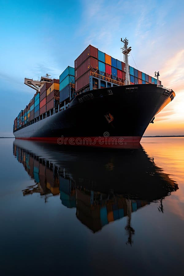 Container Ship with Its Reflection on Calm Waters during a Scenic ...