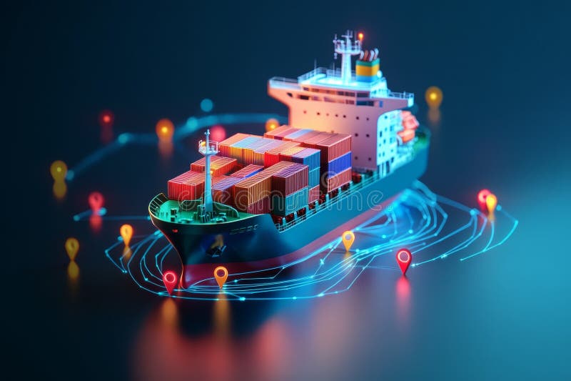 Container Ship with Cargo Navigating through Digital Maritime Routes ...