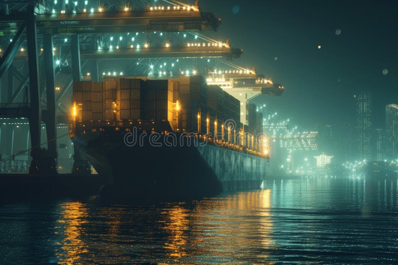A Container Ship Loading with Containers at Night. Stock Photo - Image ...