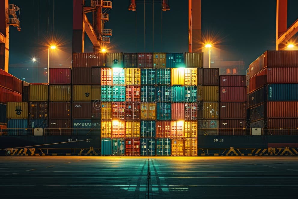 A Container Ship Loading with Containers at Night. Stock Photo - Image ...