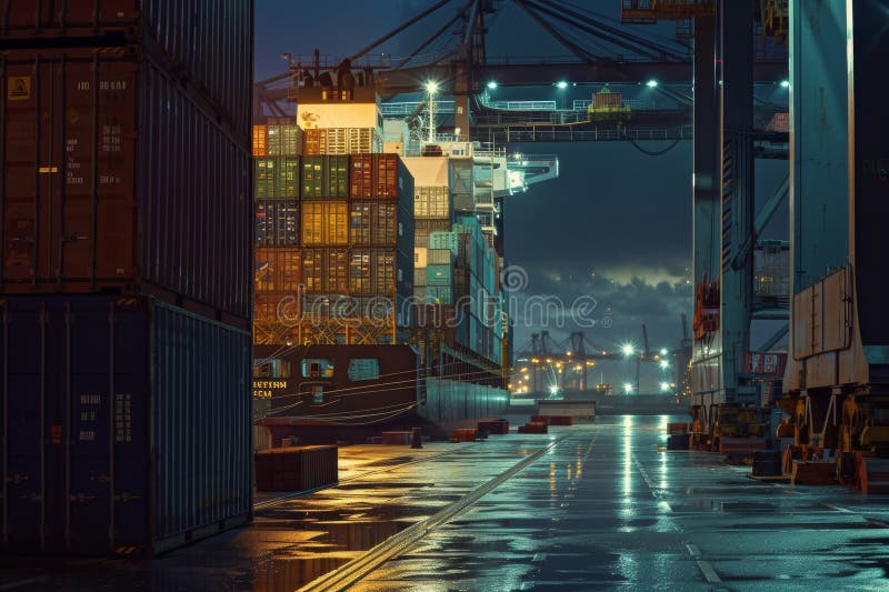 A Container Ship Loading with Containers at Night. Stock Photo - Image ...