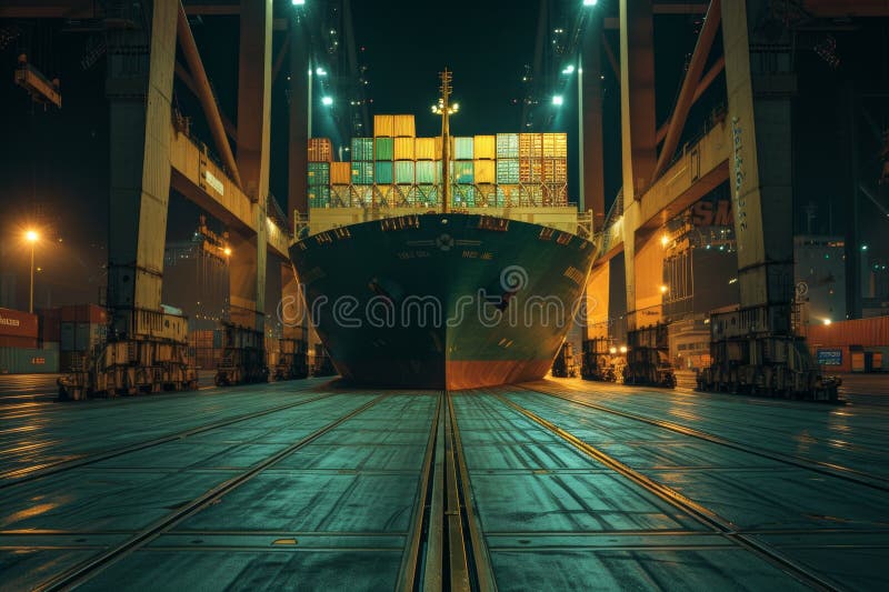 A Container Ship Loading with Containers at Night. Stock Image - Image ...
