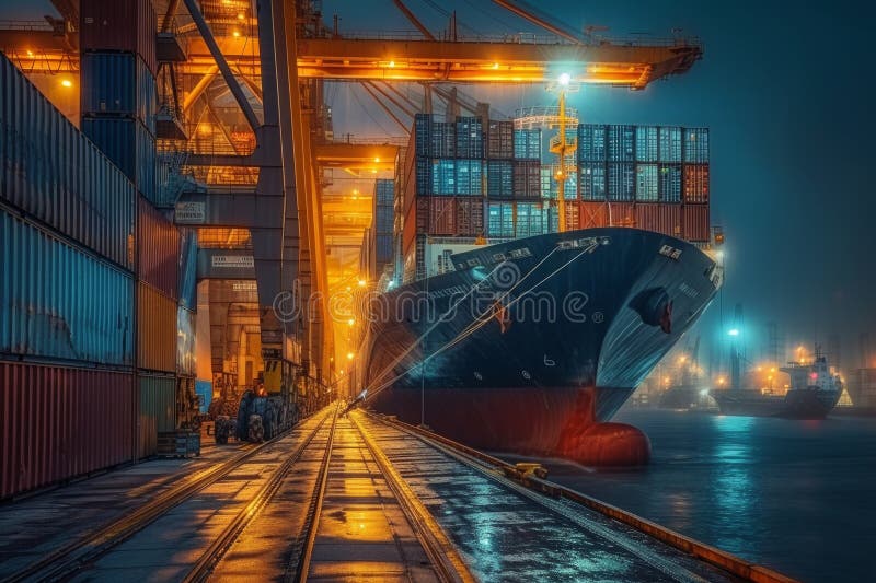 A Container Ship Loading with Containers at Night. Stock Photo - Image ...