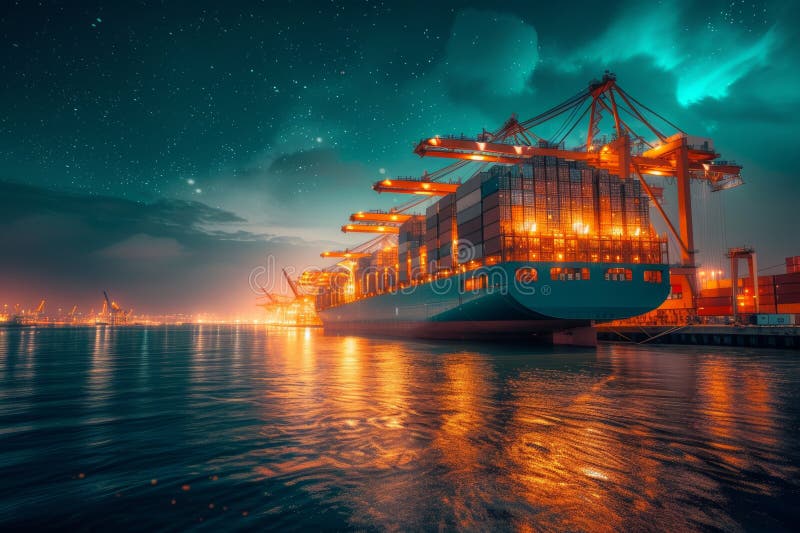A Container Ship Loading with Containers at Night. Stock Image - Image ...