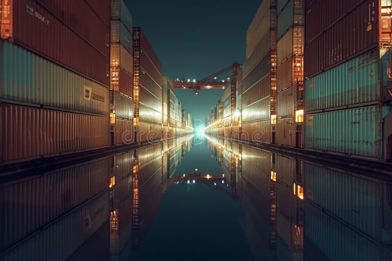A Container Ship Loading with Containers at Night. Stock Image - Image ...