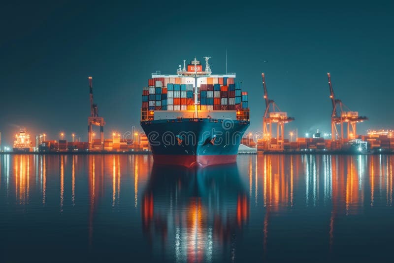A Container Ship Loading with Containers at Night. Stock Image - Image ...