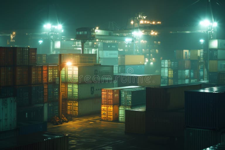 A Container Ship Loading with Containers at Night. Stock Photo - Image ...