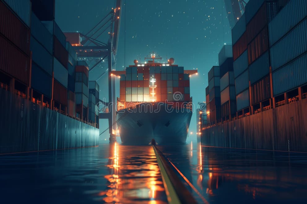 A Container Ship Loading with Containers at Night. Stock Photo - Image ...