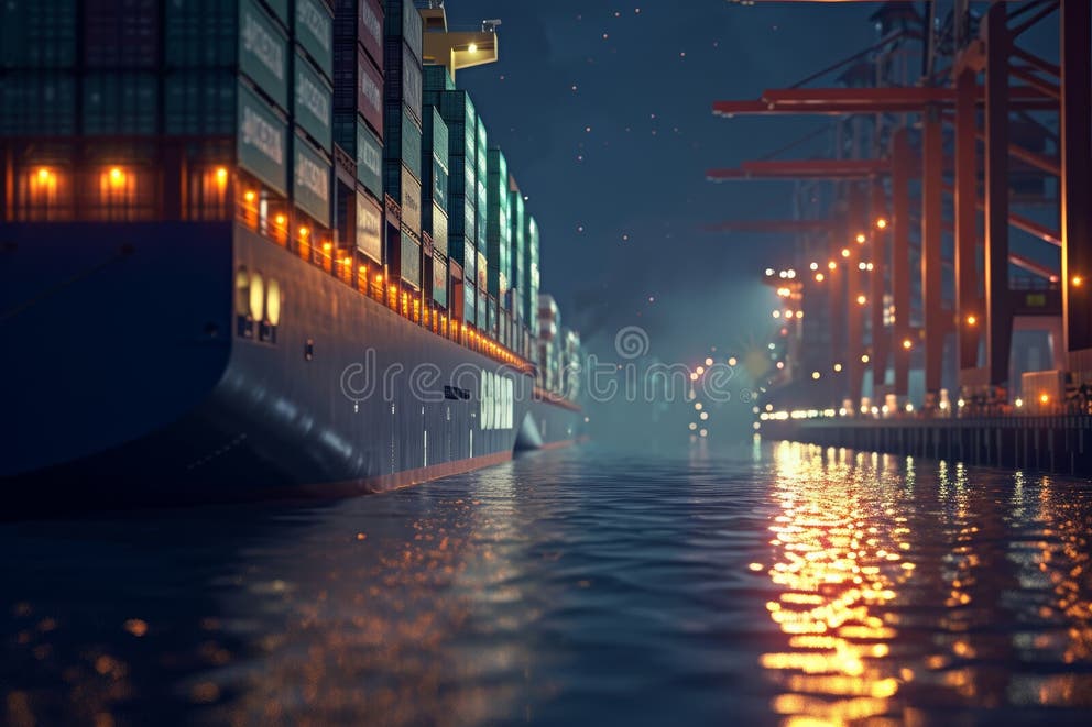 A Container Ship Loading with Containers at Night. Stock Photo - Image ...