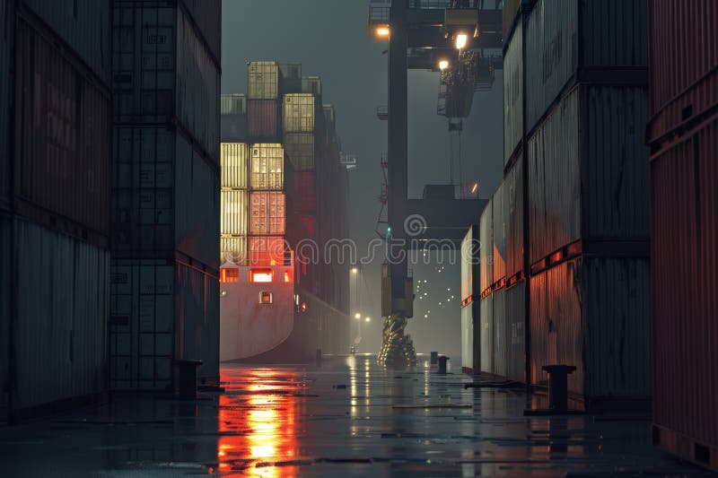 A Container Ship Loading with Containers at Night. Stock Image - Image ...