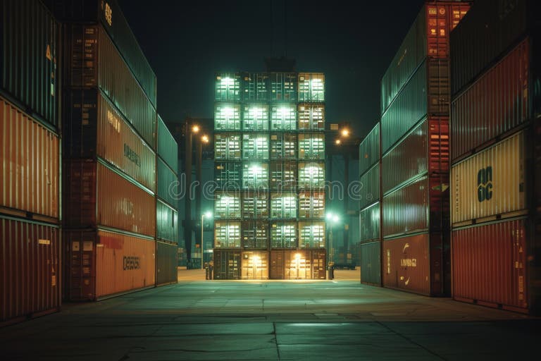 A Container Ship Loading with Containers at Night. Stock Photo - Image ...