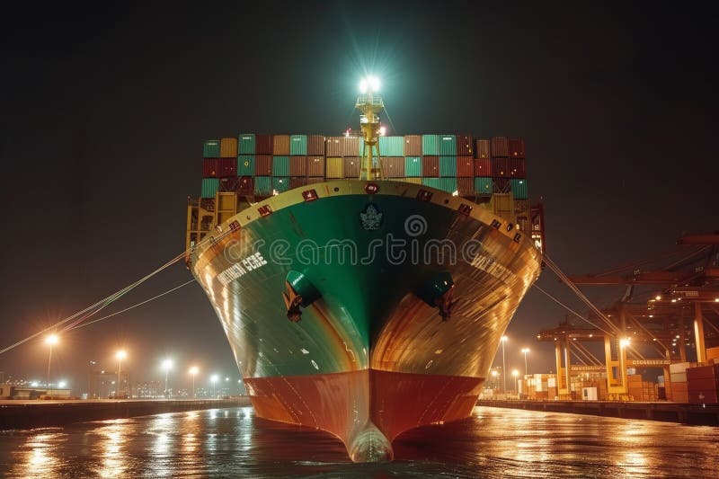 A Container Ship Loading with Containers at Night. Stock Image - Image ...