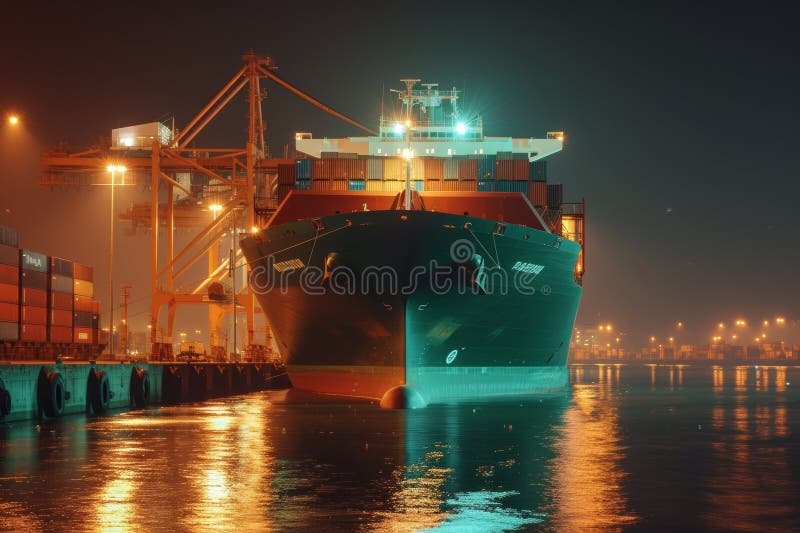 A Container Ship Loading with Containers at Night. Stock Photo - Image ...