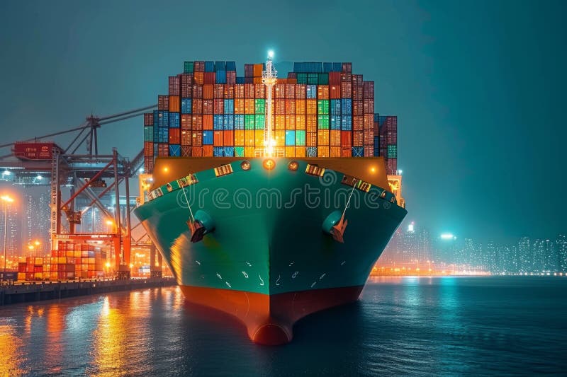 A Container Ship Loading with Containers at Night. Stock Image - Image ...
