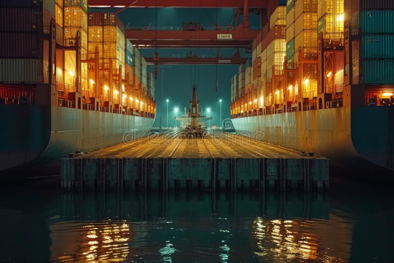 A Container Ship Loading with Containers at Night. Stock Image - Image ...