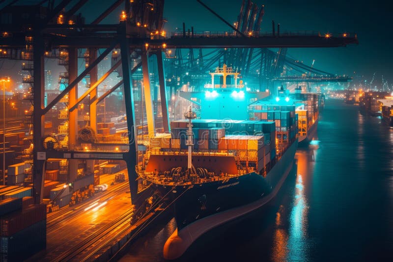 A Container Ship Loading with Containers at Night. Stock Photo - Image ...