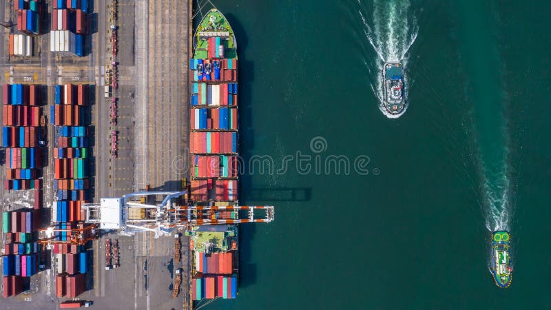 Container Ship is Loading in a Port, Aerial Top View Container Ship ...