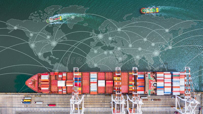 Container Ship Loading in a Port, Aerial Top View Container Ship in ...