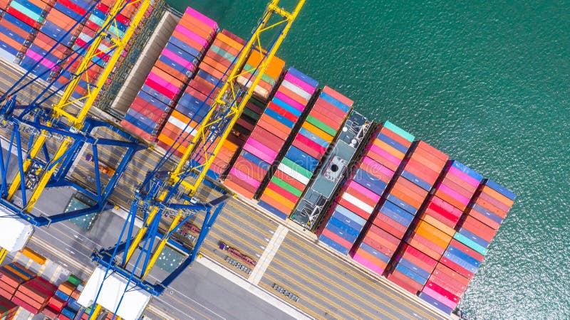 Container Ship Loading And Unloading In Deep Sea Port, Aerial Top View ...