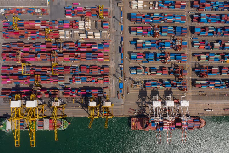 Container Ship Loading and Unloading in Sea Port, Aerial View Stock ...