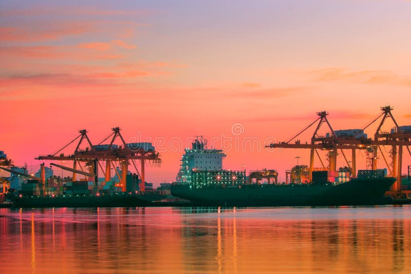 Container Ship at Logistic Port Against Beautiful Sunset Sky Editorial ...