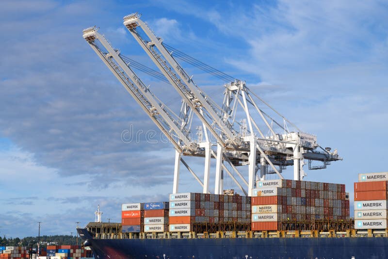 Container Ship with Maersk Containers with Port of Seattle Cranes ...