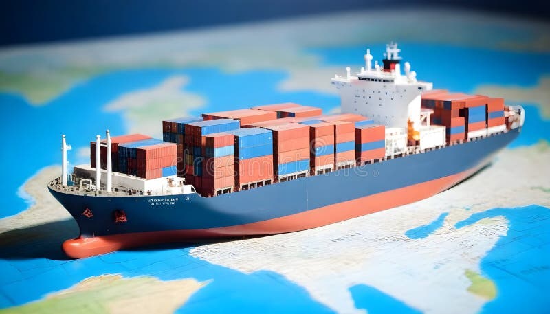 Container Ship Model on World Map. Generated with AI Stock Photo ...