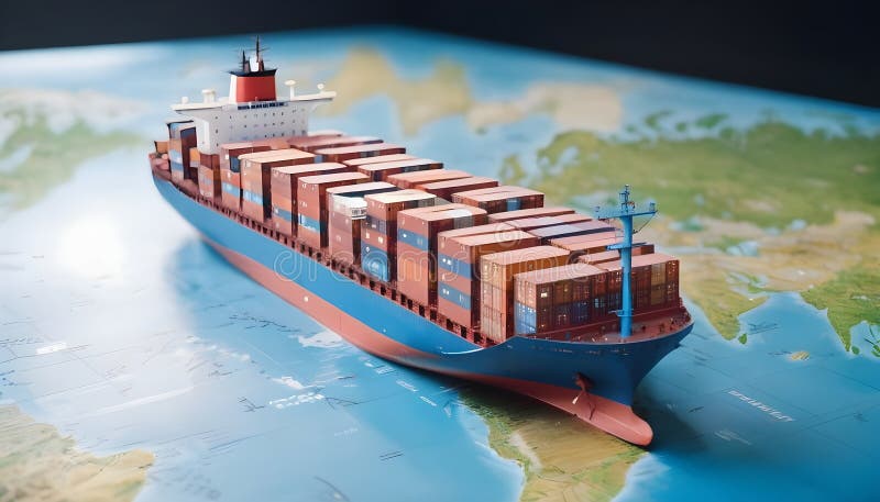 Container Ship Model on World Map , Transcontinental Transportation ...