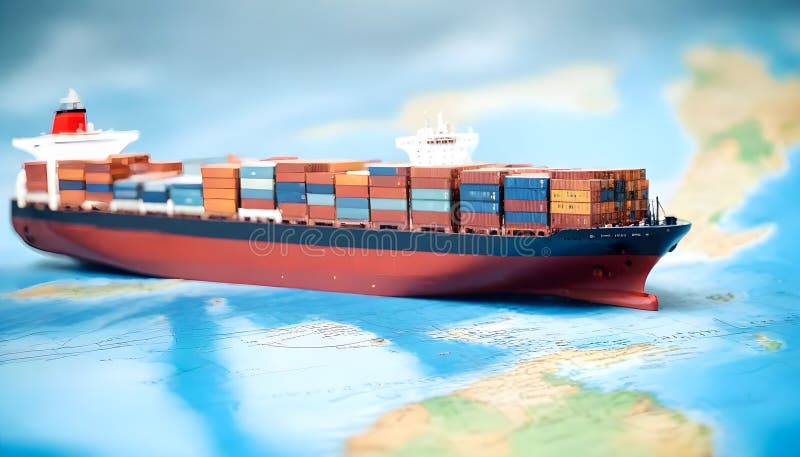 Container Ship Model on World Map , Transcontinental Transportation ...