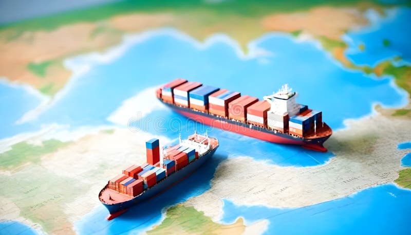 Container Ship Model on World Map , Transcontinental Transportation ...