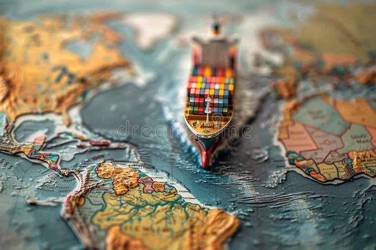 Container Ship Model on World Map. Transportation, Shipping and Cargo ...