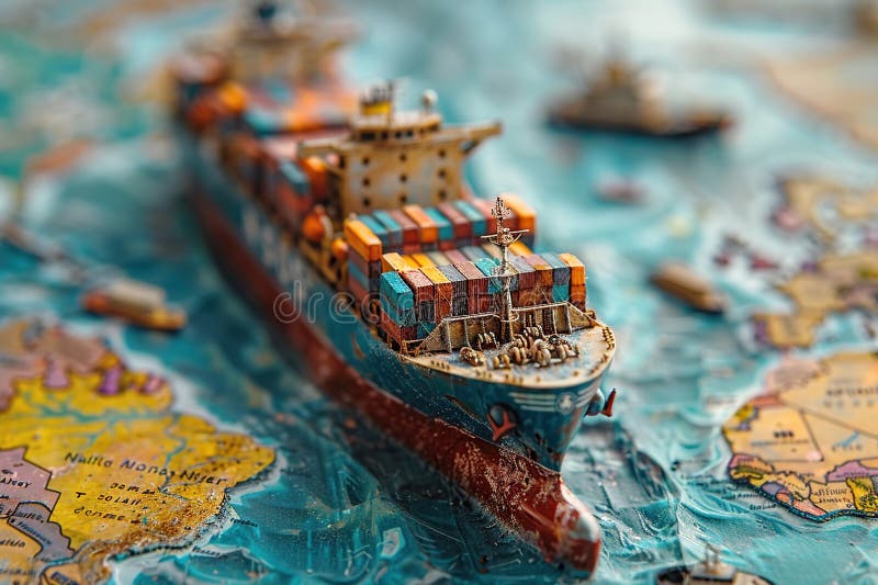 Container Ship Model on World Map. Transportation, Shipping and Cargo ...