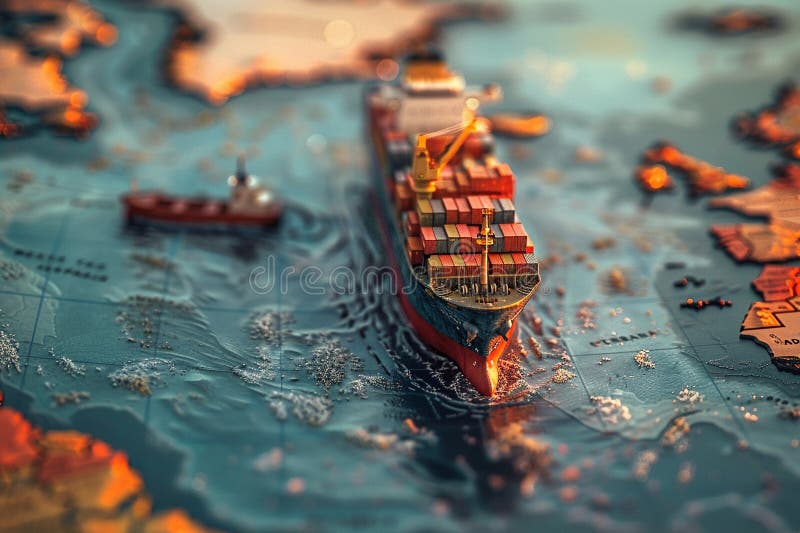 Container Ship Model on World Map. Transportation, Shipping and Cargo ...