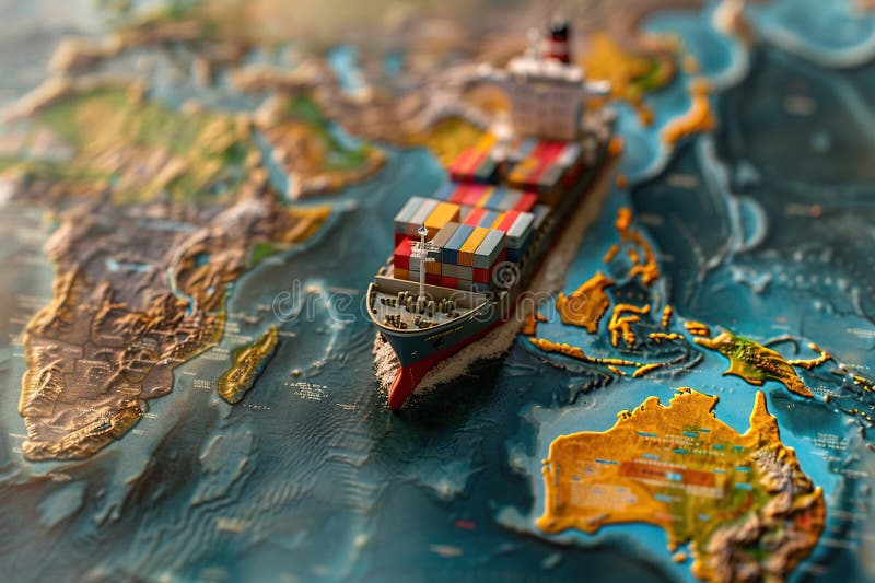 Container Ship Model on World Map. Transportation, Shipping and Cargo ...