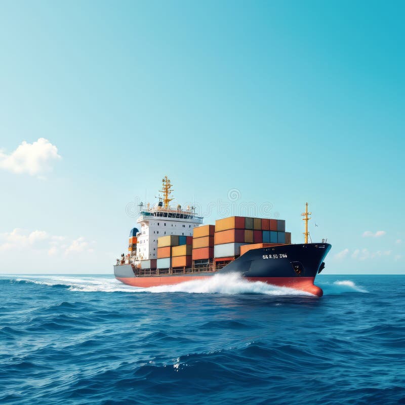Cargo Ship Sailing on Open Ocean Transporting Shipping Containers Stock ...
